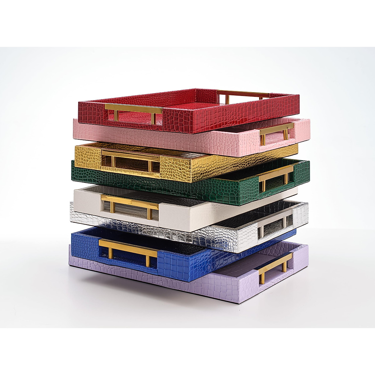 YAMILAN-Serving Tray with Gold Polished Metal Handles,Decorative Tray for Coffee Table,Ottoman Tray for Living Room,Modern Elegant Rectangle Leather Trays for All Occasions/Diamond Grain/Light Gold