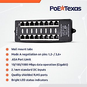 PoE Texas GPOE-8A-48v60w | 8 Port Gigabit Passive PoE Injector for PoE Cameras, IP Phones and WiFi Access Points | Includes 48 Volt 60 Watt Power Supply
