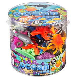 Ocean Sea Creature Action Figures - 30 Pieces, 18 Unique Sculpts- Giant Ocean Animal Playset Includes Turtles, Lobsters, Sharks & More - Great Sandbox Toy, Beach Toy, Tub Toy, & Party Decoration
