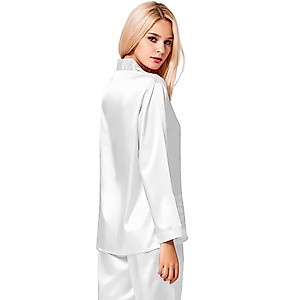 SWOMOG Long Sleeve Pajamas Set Silk Satin Sleepwear Button Down Pjs Loungewear with Pocket White Small