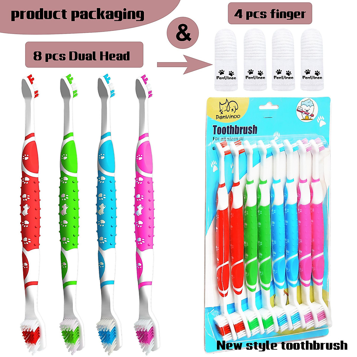 PenVinoo Dog Toothbrush pet Toothbrush Finger Toothbrush Small to Large Dogs,Cats with Soft Bristles Non Slip Dual Head Dog Toothbrush (8 Colors)