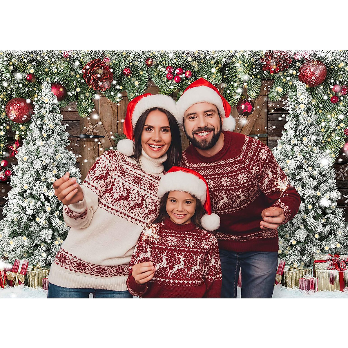 Wollmix Christmas Backdrops for Photography, Winter Rustic Barn Wood Door Photo Background Xmas Eve Tree Snow Banner Family Holiday Party Decoration Supplies Portraits Photo Booth Studio Props 7x5ft