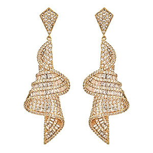 14K Gold Spiral Crystal Drop Earrings for Women,Sparkling Irregular Geometric Moissanite Long Dangle Earrings,Luxury Jewelry Gift for Her (Yellow Gold, 14K Gold)