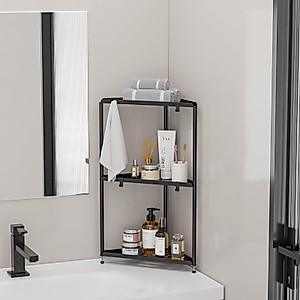 Kawaiita Corner Shower Caddy Stand, 3 Tier Floor Shower Organizer Stands for Inside Shower, Bathtub, Bathroom Corner Shower Shelf Rack with Adjustable Feet & 4 Hooks, Metal, Matte Black