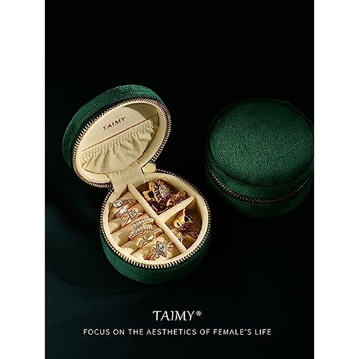 TAIMY Velvet Travel Jewelry Box, Round Small Travel Jewelry Case for Women Girls, Portable Mini Jewelry Travel Organizer Boxes for Rings Earrings Necklaces Bracelets(Dark Emerald)