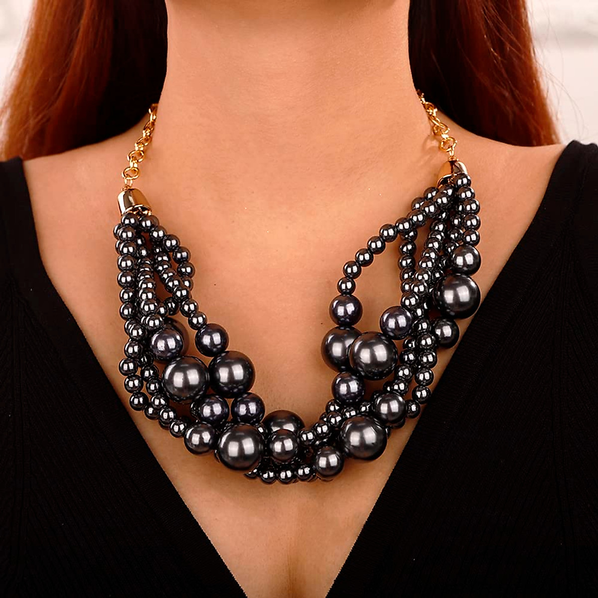 Wiwpar 2PCS Large Chunky Statement Black Faux Pearl Bib Choker Necklace and Earring Set for Party Wedding Halloween Ladies (black)