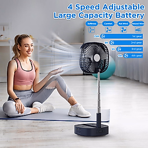 Magesh Portable Oscillating Pedestal Fan＆Remote, 120° Rotation, 3-In-1 Foldaway/Standing/Desk Fan, Anti-Slip 7200Mah Rechargeable, Telescopic 4 Speed Quiet Timer Fan Home Outdoor Travel (Dark Blue)