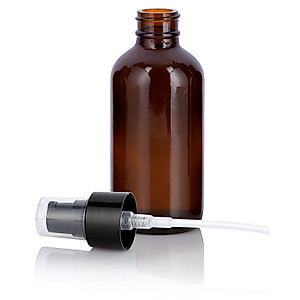 JUVITUS 4 oz Amber Glass Boston Round Bottle with Black Treatment Pump (12 pack) + Funnel