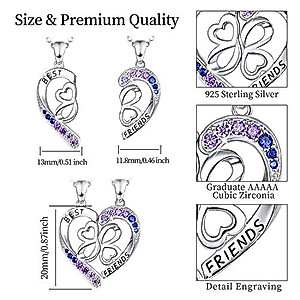 Best Friend Necklace for 2 Set, 925 Sterling Silver BFF Half Heart Pendant, Best Friend Engraving with Blue Purple Graduated Rhinestone, Sister Necklace Set Jewelry Birthday Valentine Gift for Women Daughter BFF Sisters