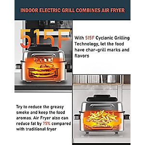 Grill and Air Fryer Combo, CATTLEMAN CUISINE 10-in-1 Indoor Electric Grill, Stainless Steel Air Fryer Grill with Air Grill, Air Fryer, Roast, Bake, Dehydrate, Beef & Fries, 6.5QT, Silver