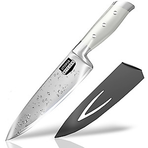 Utopia Kitchen 8 inch Chef Kitchen Knife Cooking Knife Carbon Stainless Steel Kitchen Knife with Sheath and Ergonomic Handle - Chopping Knife for Professional Use (White)