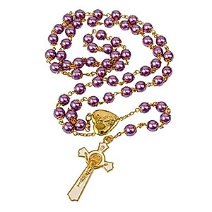 Nazareth Store Purple Pearl 8mm Beads Rosary Necklace Gold Prayer Chaplet with Miraculous Open Up Locket Centerpiece Medal and White Enamel Cross