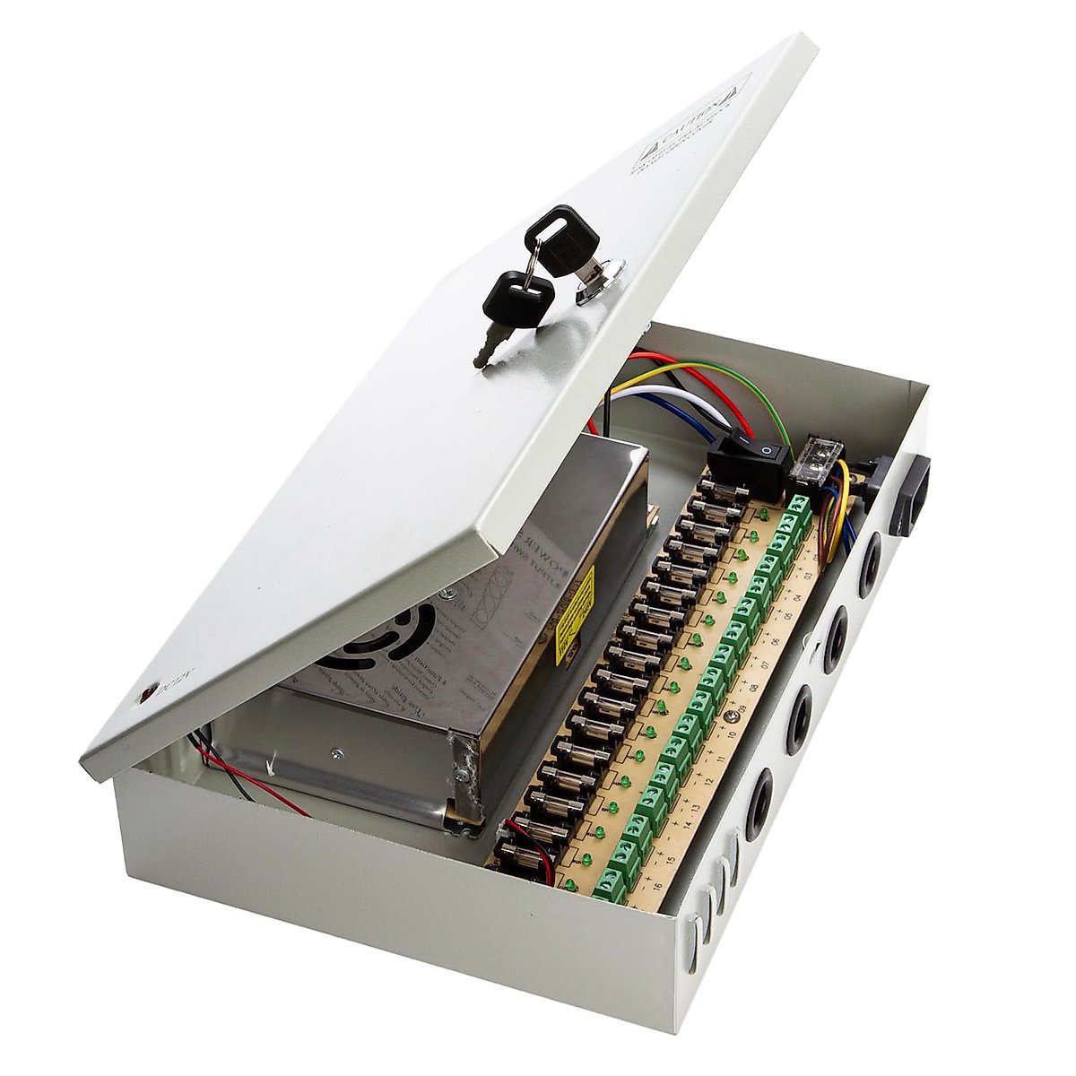 Xenocam 18 Channel Port 12V DC 20 Amp Amper with Glass Tube Fuse Distributed Power Supply Box for CCTV DVR Security System and Camera or Cameras