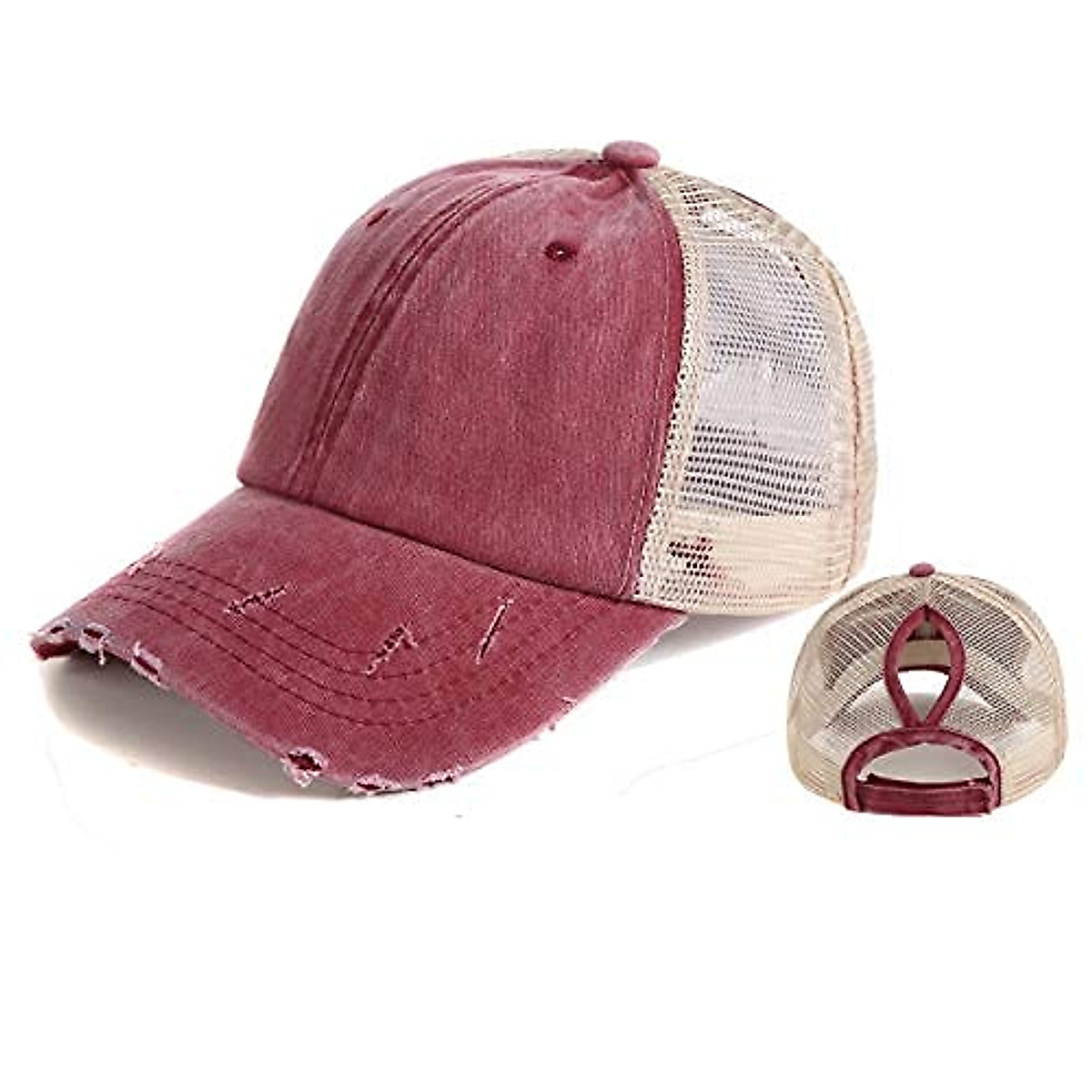 YIBOBA Ponytail Baseball Cap Retro, Messy Visor Dad Hat Ponycaps Adjustable Cotton and Twill Mesh Trucker Caps (Red)