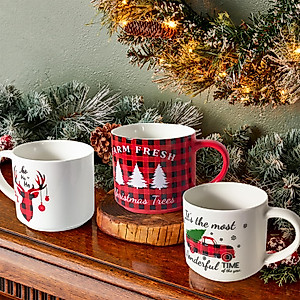 QIKSION Ceramic Christmas Mug Set of 6, 16oz Red Black Plaid Christmas Coffee Mug, Stackable Holiday Coffee Mugs as Christmas Gifts for Family, Friends and Colleagues