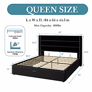 HOOMIC Queen Size Lift Up Storage Bed with Wingback Headboard/Velvet Upholstered Platform Bed Frame/Heavy-Duty Hydraulic Bed/Large Underneath Storage/Strong Wooden Slats Support/Noise-Free/Black