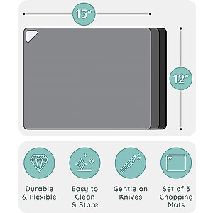Extra Thin Flexible Cutting Boards for Kitchen - Cutting Mats for Cooking, Colored Cutting Mat Set with Easy-Grip Handles | Non Slip Cutting Sheets, Flexible Plastic Cutting Board Set of 3 (15"x12")