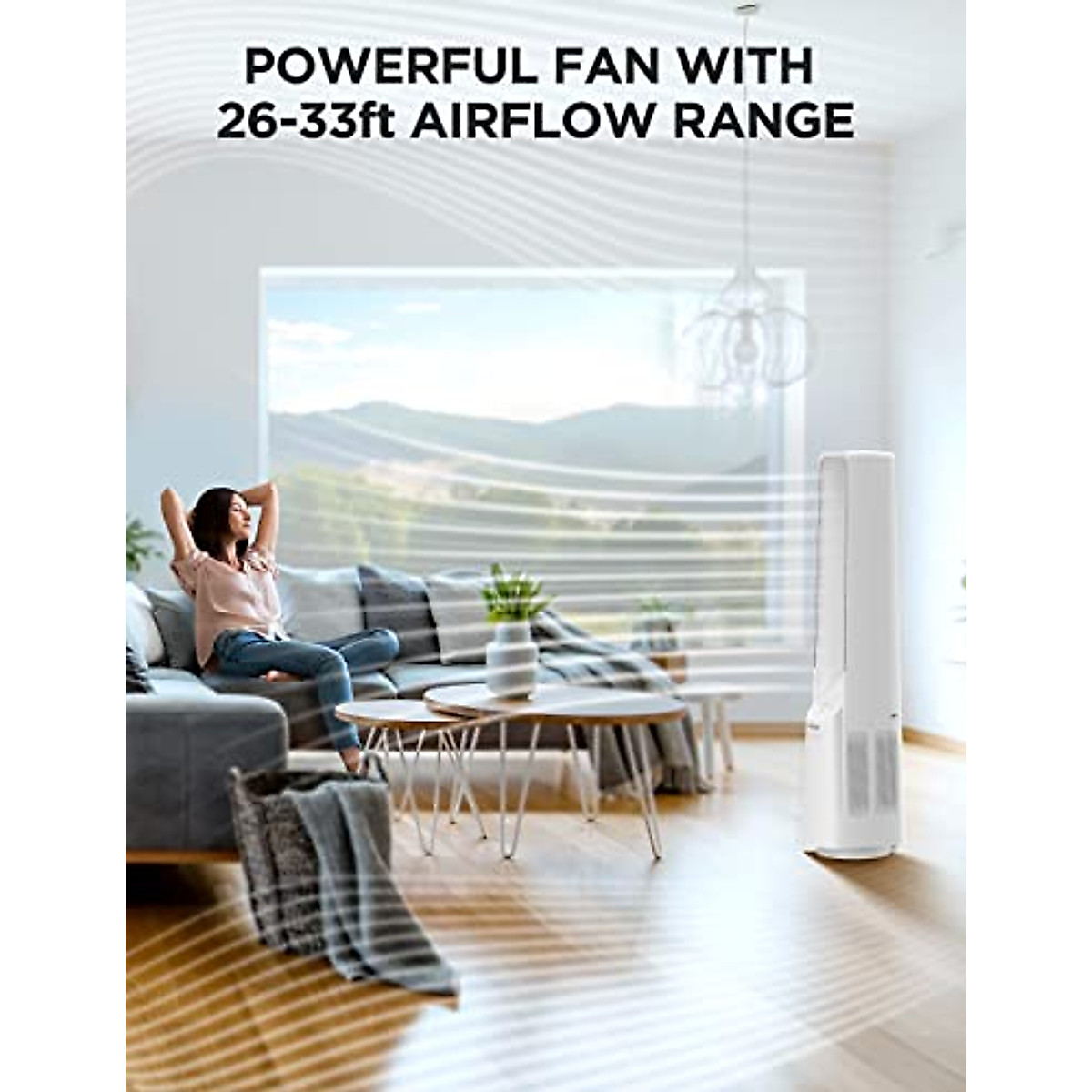 PELONIS Bladeless Tower Fan with 26-33ft Powerful Airflow, Alexa and Google Compatible, 6-Speed Settings, Quiet DC Motor, 120° Oscillation, 7-Hour Timer - Ideal for for Bedroom Home Office Use,White