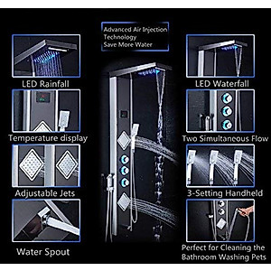 ELLO&ALLO LED Shower Panel Tower System,Rainfall Waterfall Shower Faucet Fixtures Bathroom Rain Massage System with Body Jets Brushed Nickel and Black