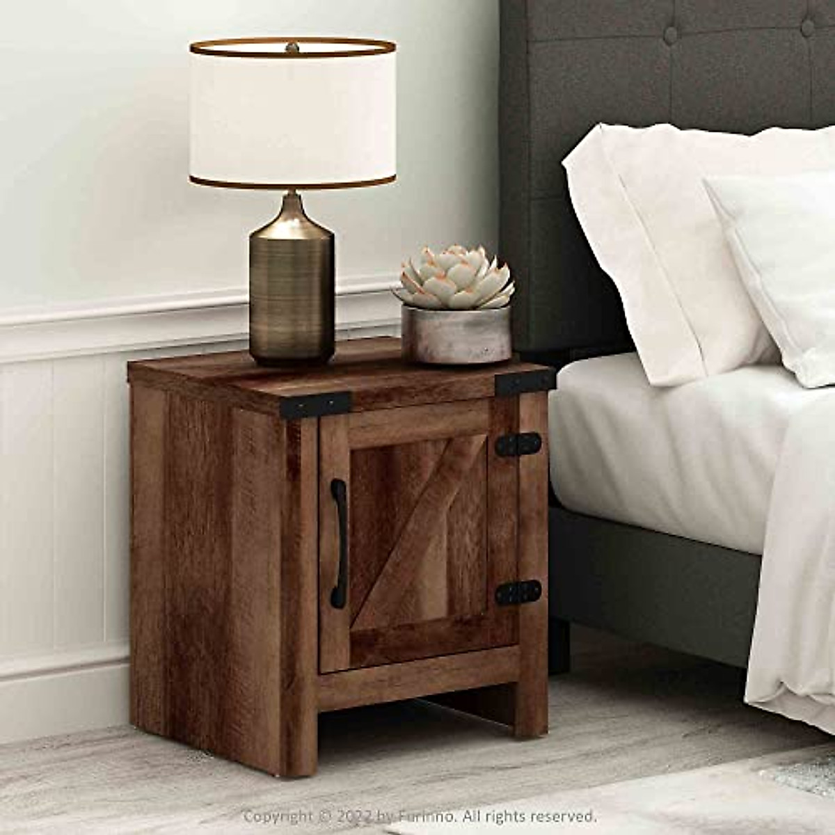 Furinno Jensen Farmhouse End Table with Barn Door for Bedroom, Living Room,Rustic Brown, pack of 1