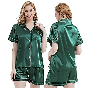 NANJUN Womens Silk Satin Pajamas Short Sleeve Sleepwear Bride Soft Button Down Loungewear 2 Piece Pjs Set XS-3XL(green,3xl)