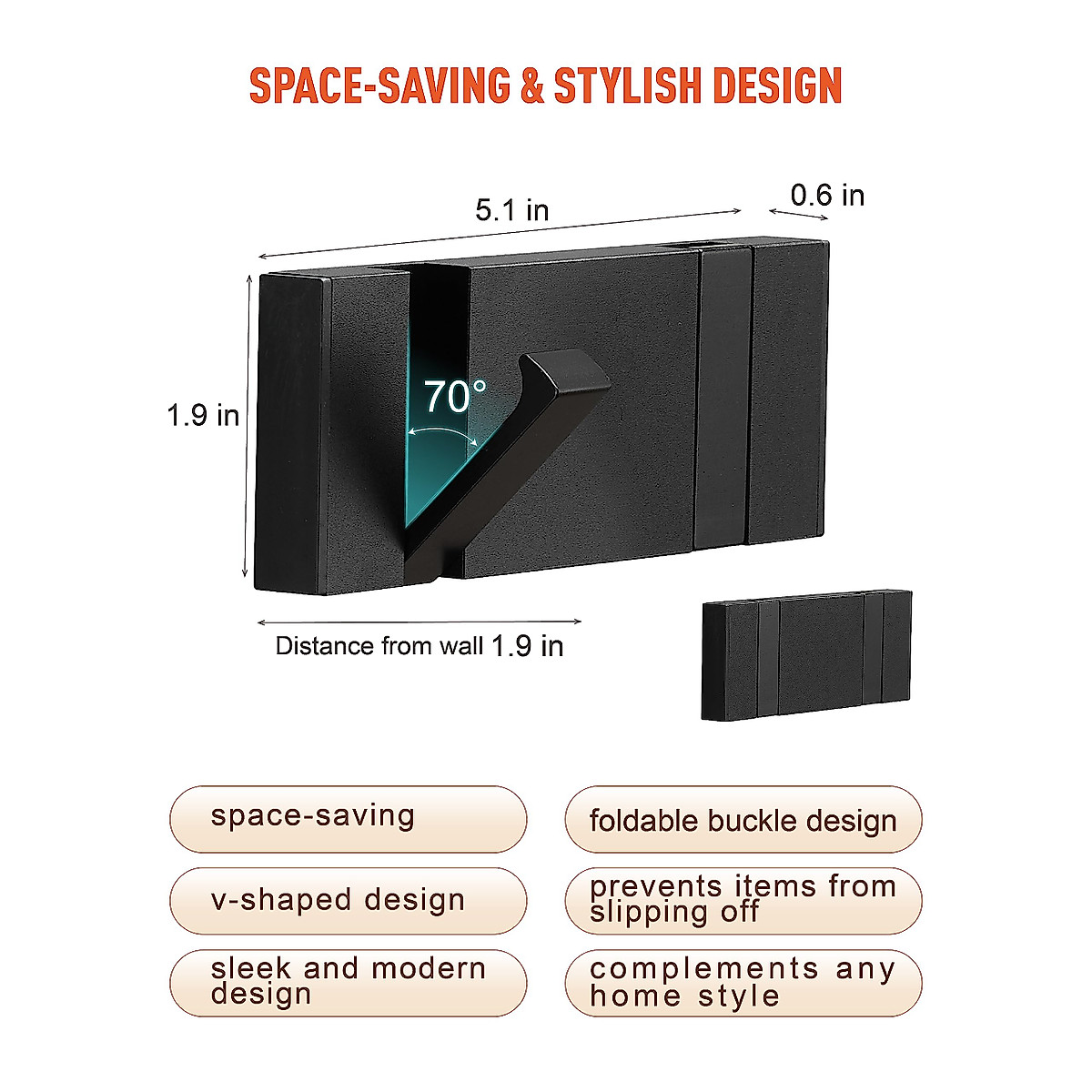 SPIEASSE 2 Pack，Modern Waterproof Black Wall Hooks，Foldable Towel Hooks for Bathrooms, Coat Hooks Wall Mounted - Ideal for Bathroom, Kitchen, Balcony