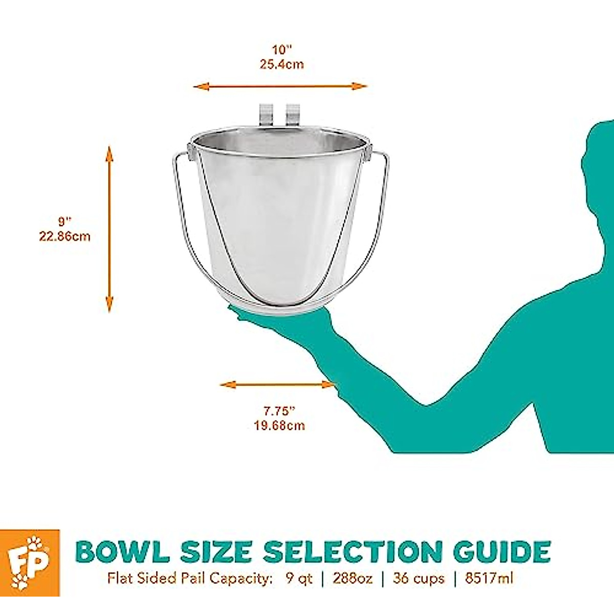 Fuzzy Puppy Pet Products Flat Sided Pail with Dual Hooks, Snugly Fit On Dog, Cat and Critter Crates & Cages, Heavy Duty Stainless Steel, 9 Quart (FSP-9)