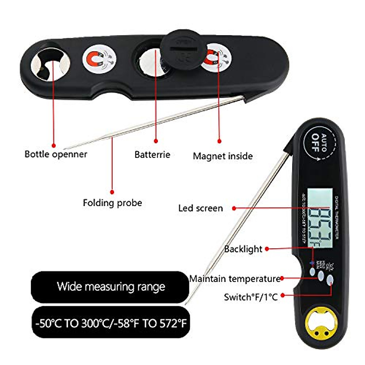 Instant Reading Meat Thermometer-Best Waterproof with Extra Long Probe,Ultra Fast Thermometer, with Backlit LCD Digital Thermomete Outdoor Cooking, BBQ and Kitchen Cooking Food Thermometer