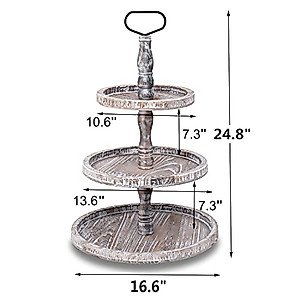 3 Tiered Tray Round Serving Tray Tiered Tray Decor,Tier Tray Wooden Serving Tray with Metal Handle,Kitchen Decorative Trays(Rustic Brown)
