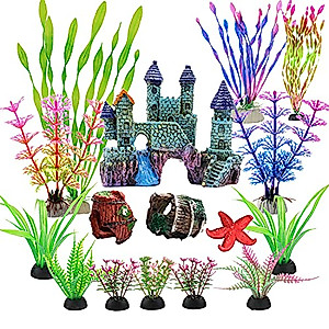 EVIWILL 16 Pieces Aquarium Decorations Coral Castle Fish Tank Decorations Accessories Betta Fish Cave Hideout Barrel Plastic Plants Artificial Starfish Ornament Anemone Multi-colored MJ210420
