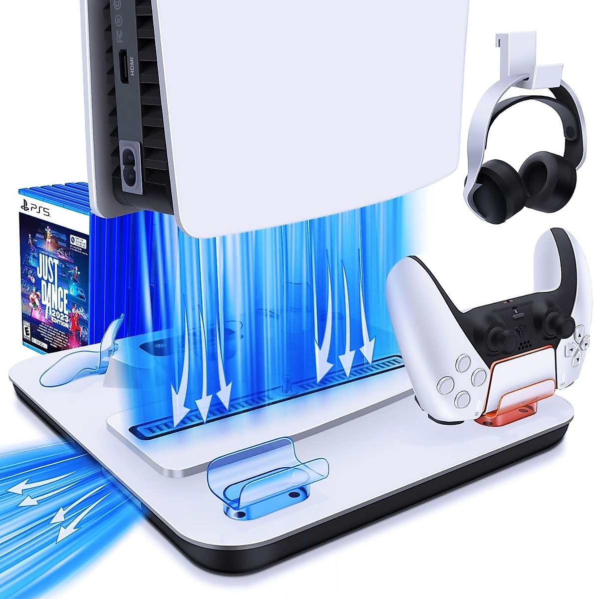 TNP Cooling Stand for PlayStation 5 with Cooling Fan & Charging Station - 4 Speed Modes Cooling Fan for PS5, Multiple Controller Charger Stand for PS5 Controllers, Display Stand for PS5 Headset