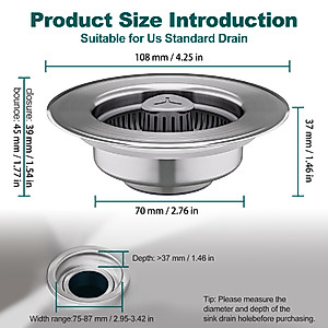 Silicone 3 in 1 Kitchen Sink Drain Strainer and Stopper Combo, 304 Stainless Steel Wraped Shell, Silicone Anti-Clogging Basket Strainer, with Handle for US Standard 3-1/2 Inch Drain