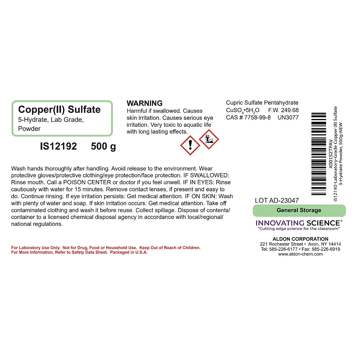 ALDON Innovating Science Copper (II) Sulfate 5-Hydrate Powder, 500g - Laboratory-Grade - The Curated Chemical Collection