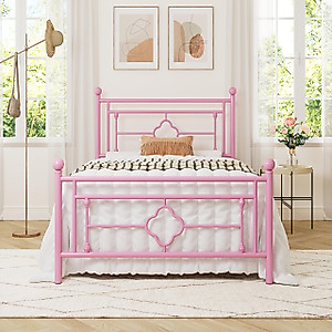 Allewie Twin Size Metal Platform Bed Frame with Victorian Vintage Headboard and Footboard/Mattress Foundation/Under Bed Storage/No Box Spring Needed/Noise-Free/Easy Assembly, Pink