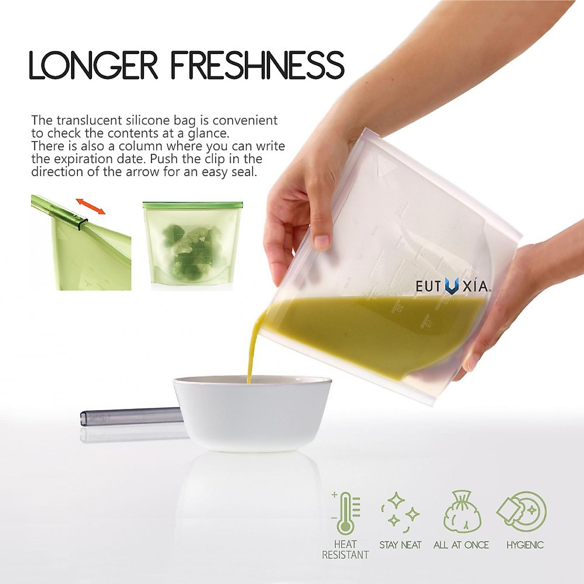 Eutuxia Reusable Storage Bags, Set of 4, Premium Lock Versatile Leak-proof Preservation Container, Plastic Free Sandwich Vegetables Fruit Lunch Snack Bag with Ziplock, Microwave & Freezer Safe