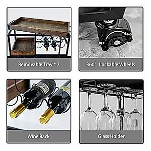 Ohsuaniy Bar Cart Industrial Kitchen Serving Carts for Home 3 Tier Storage Trolley with Wine Rack Glasses Holder Two Portable Trays Universal Casters with Brakes Rustic Rolling Cart Alcoholic Beverage