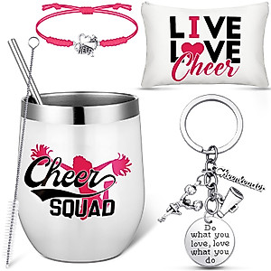 Irenare 4 Pcs Cheerleader Gifts Set 12 oz Cheer Tumbler Makeup Bag Cheerleading Bracelet Cheer Keychain for Cheer Accessories(Pink)