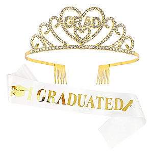 CAVETEE Gold Graduate Crown and Sash Congratulations Graduate 2024 Grad Party Decorations 2024 Graduate Crowns for Women Grad Tiara and I Graduated Sash for Women Grad Cap Decorations Grad Cap Topper