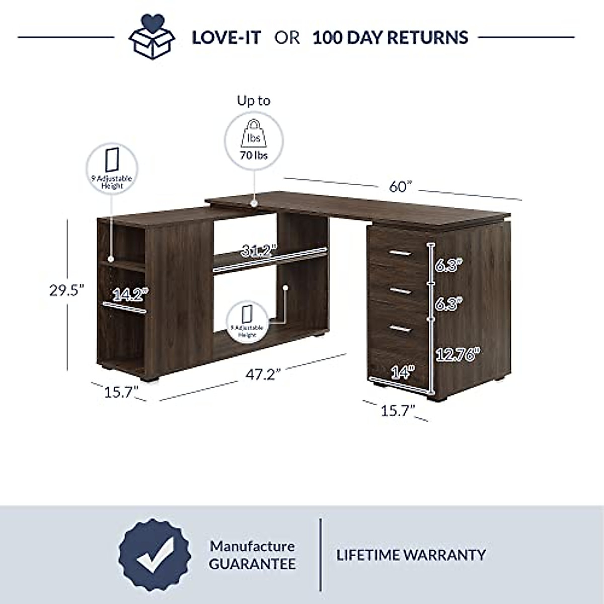 BELLEZE L Shaped Computer Desk, 60” Study Writing Table Home Office Desk Morden Corner Workstation Setup with Adjustable Storage Shelves and 3 Drawers, Dark Walnut