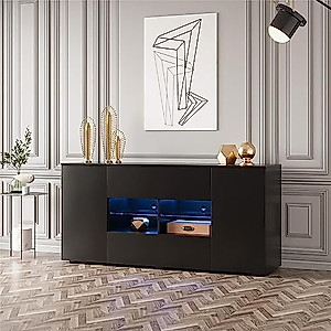 CEMKAR Modern Style Double-Door Side Cabinet with Adjustable Shelving and Full-Extension Drawers - Perfect for Living Room and Bedroom (Black)