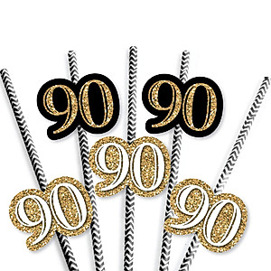 Adult 90th Birthday - Gold - Paper Straw Decor - Birthday Party Striped Decorative Straws - Set of 24