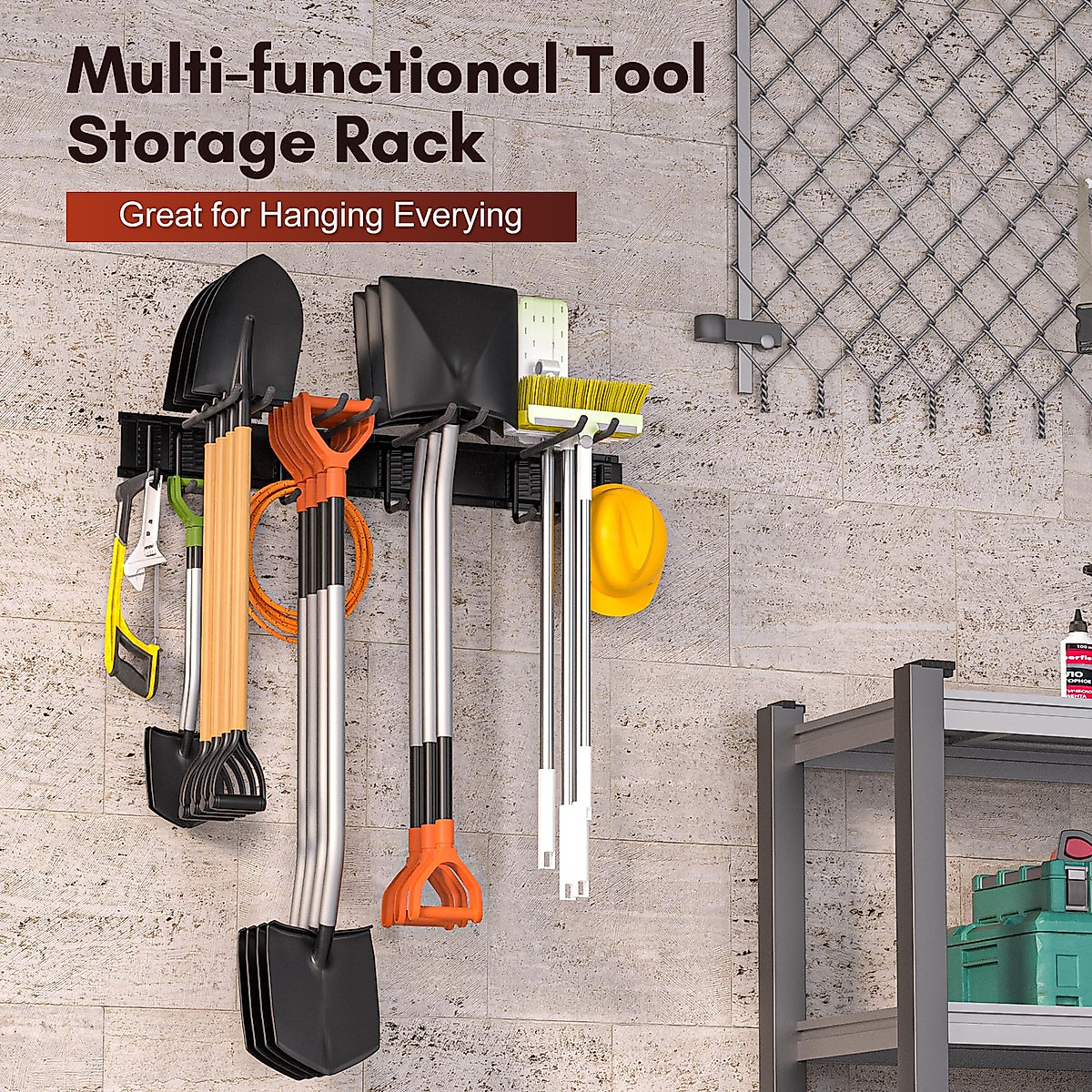 Vilaxing Garage Tool Organizer Wall Mount,Garden Tool Rack Organizer,32 Inch Study Tool Storage Rack for Garage Garden with 6 Adjustable Hooks and 2 Rails,Hold Up to 250lbs Black