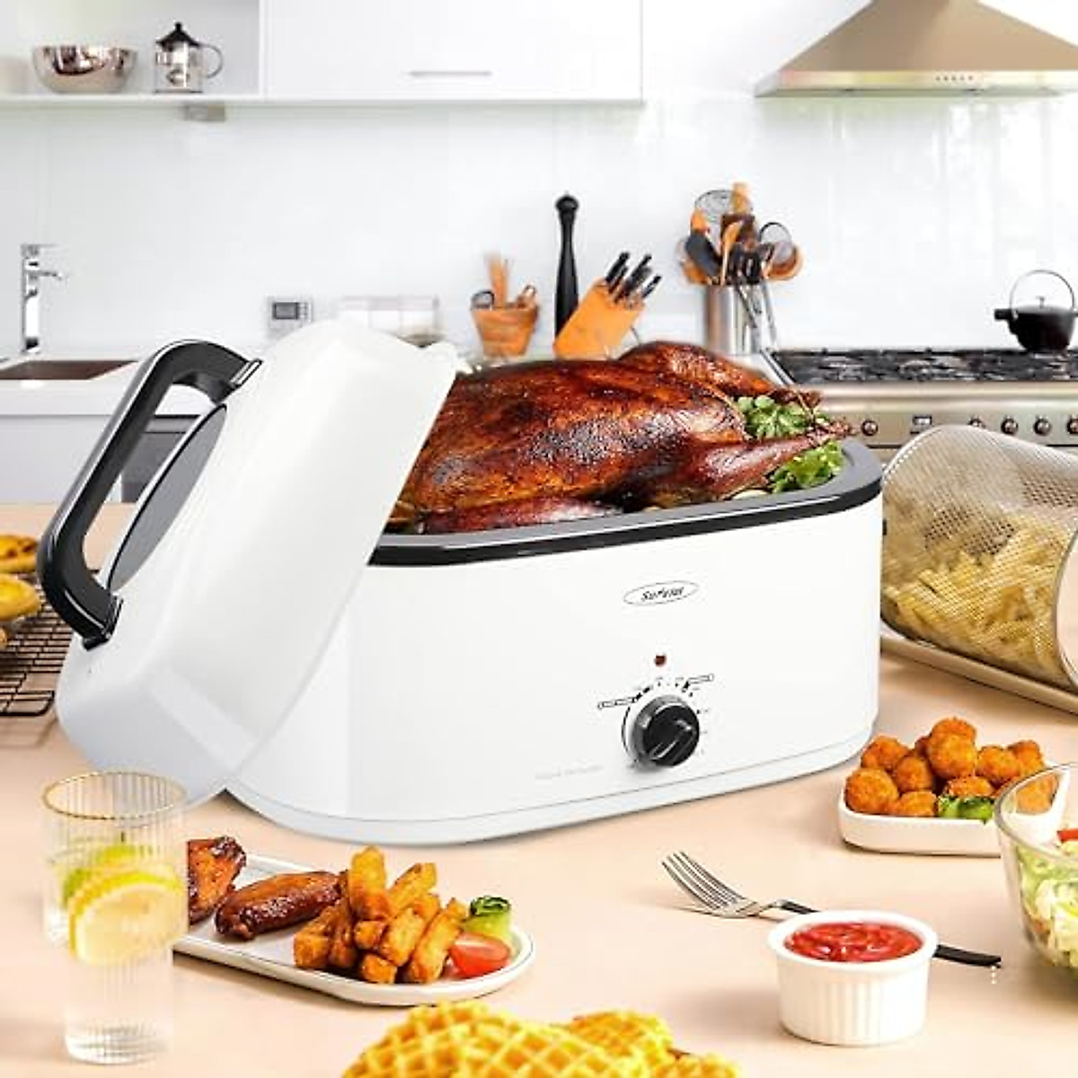 Sunvivi 26 Quart Roaster Oven, Electric Roaster Oven with Glass Lid, Turkey Roaster Oven Buffet with Self-Basting Lid, Removable Pan, Cool-Touch Handles, Silver