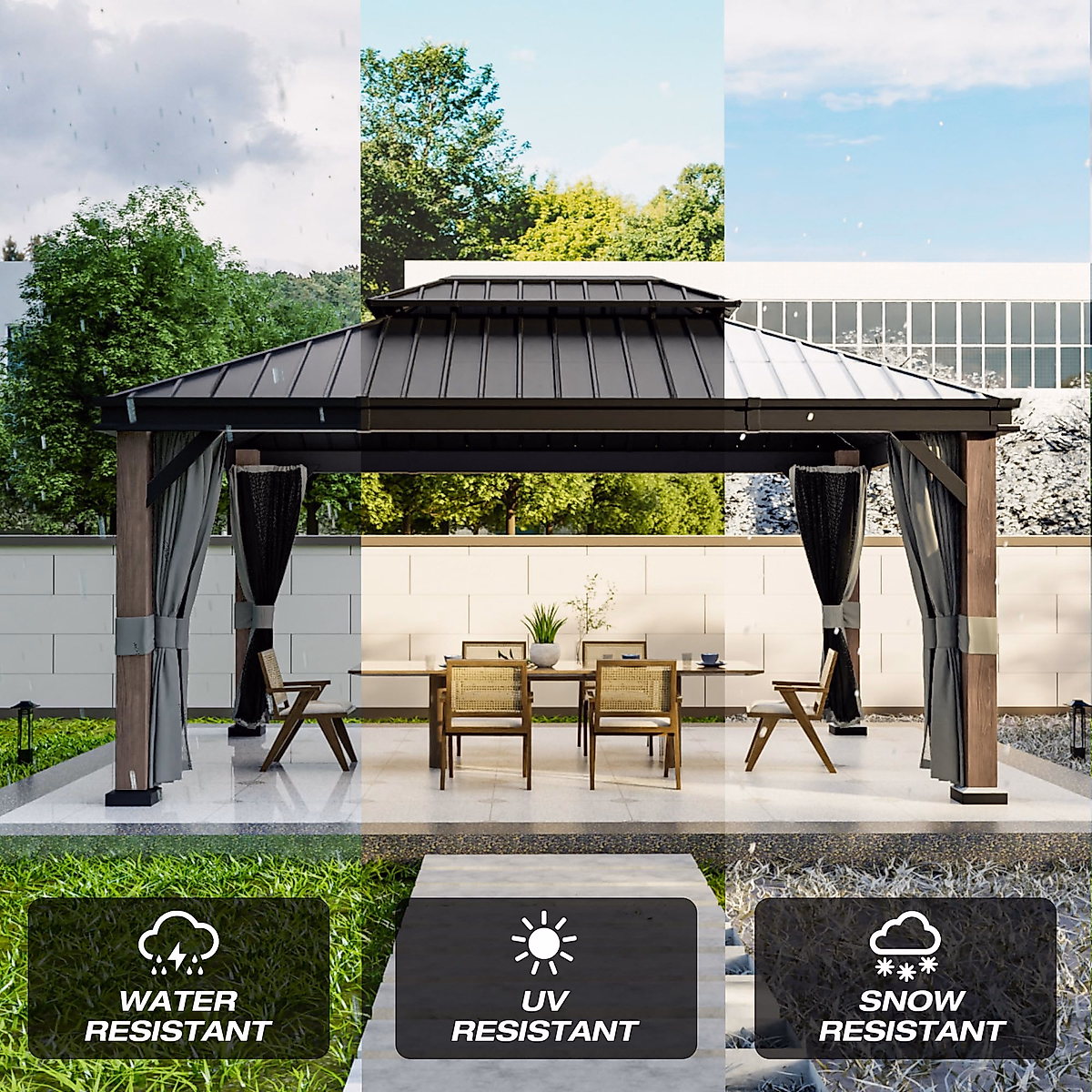 Joyside 12'x16' Hardtop Gazebo, Double Roof Galvanized Steel Canopy with Thermal Transfer Aluminum Frame Permanent Metal Pavilion with Netting and Curtains for Garden (Dark Brown Wood Grain)
