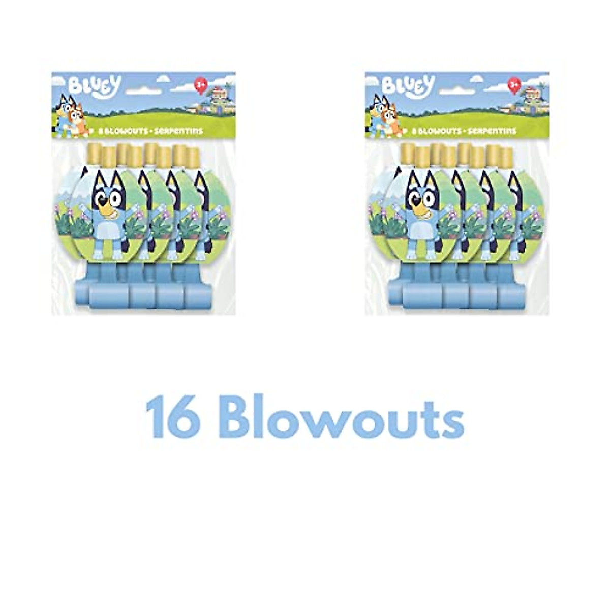 Unique Bluey Party Favors Bundle - 16 Loot Bags and 16 Blowouts, Happy Birthday Sticker - Party Supplies Goodie Bags, Birthday Party Favor Bags and Decorations - Officially Licensed