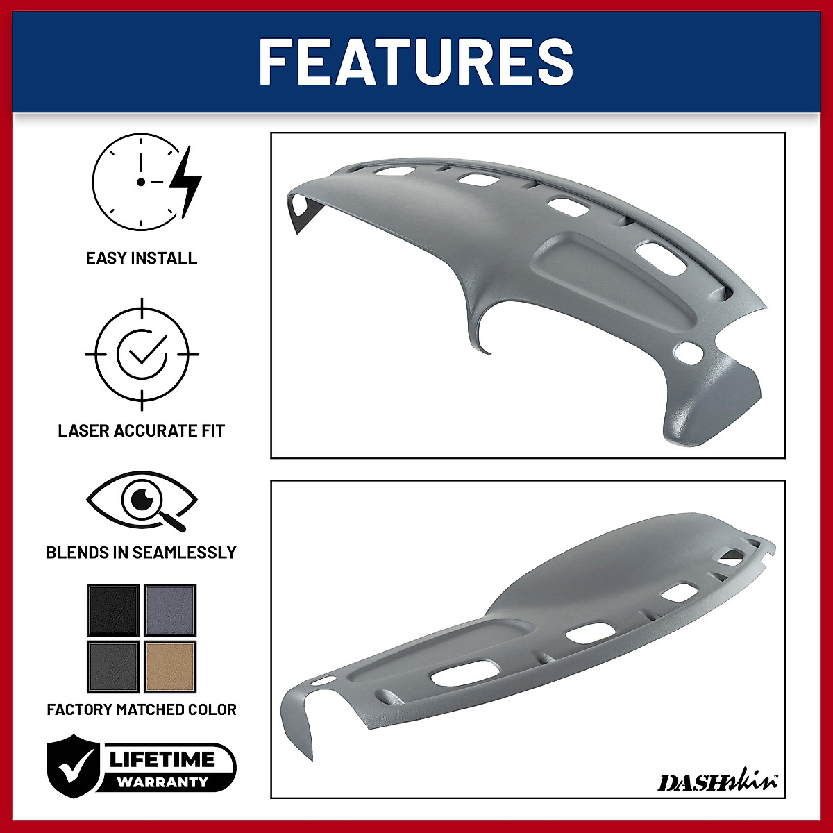 DashSkin American Made (NOT Made in China!) Molded Dash Cover Cap Compatible with 1998 1999 2000 2001 Dodge Ram 1500 (98-02 Ram 2500/3500) in Mist Grey