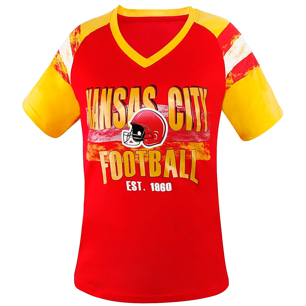 Geneisteck Womens Football Fans V Neck City Raglan T-Shirts - Red & Yellow XX-Large