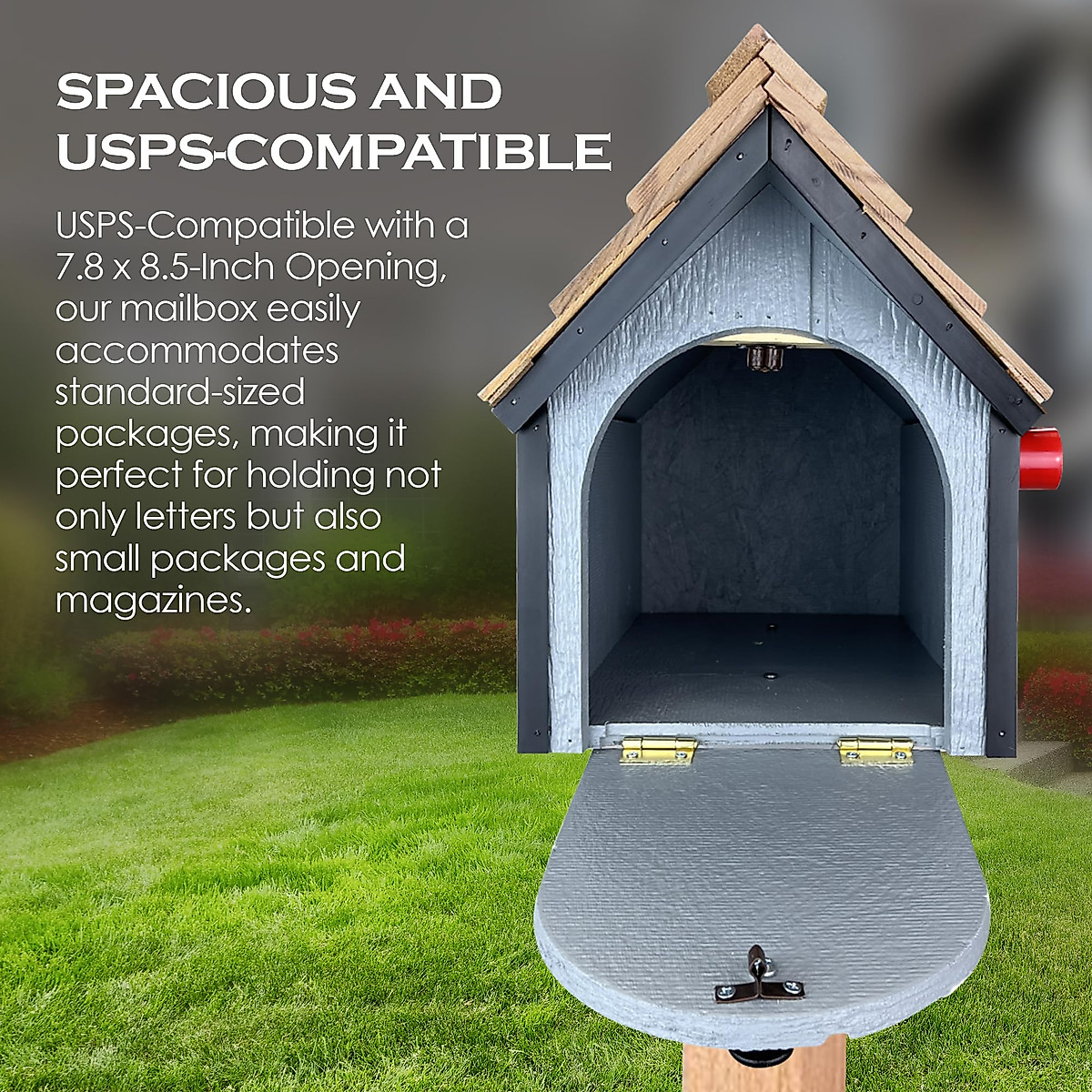 Peaceful Classics Amish Cedar Roof Wooden Mailbox with Window & Door Trim, Mailboxes for Outside, Handcrafted Outside Mailboxes, Post Mount Residential Mailboxes - (Navy with White Trim)