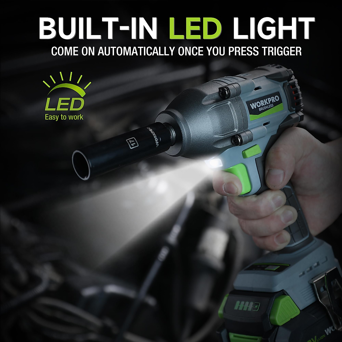 WORKPRO Cordless Impact Wrench 1/2 inch, 20V Brushless Impact Gun, High Torque 370 Ft-Lbs (500N.M), Variable Speeds, with 4.0 Ah Battery, Fast Charger, 4 Impact Sockets and Storage Case