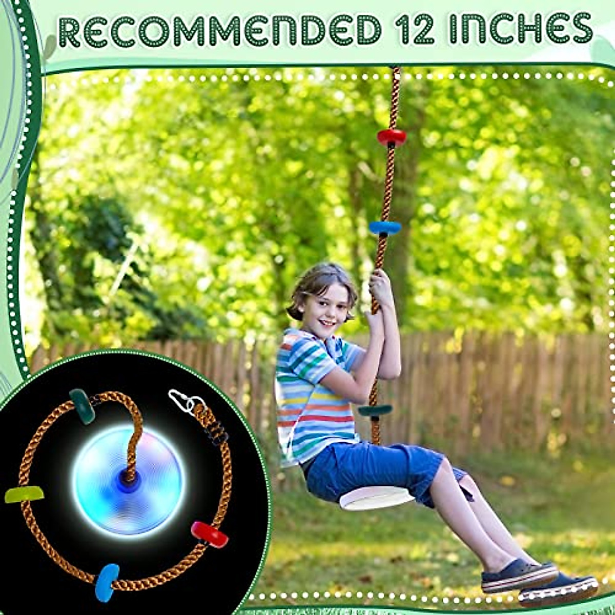 Meooeck 2 Pack LED Disc Climbing Rope Tree Swing with Platforms Disc Swing Seat with Hanging Strap Climbing Rope with Disc Swing Outdoor Playground Swing Set Accessories for Kids Backyard Playground